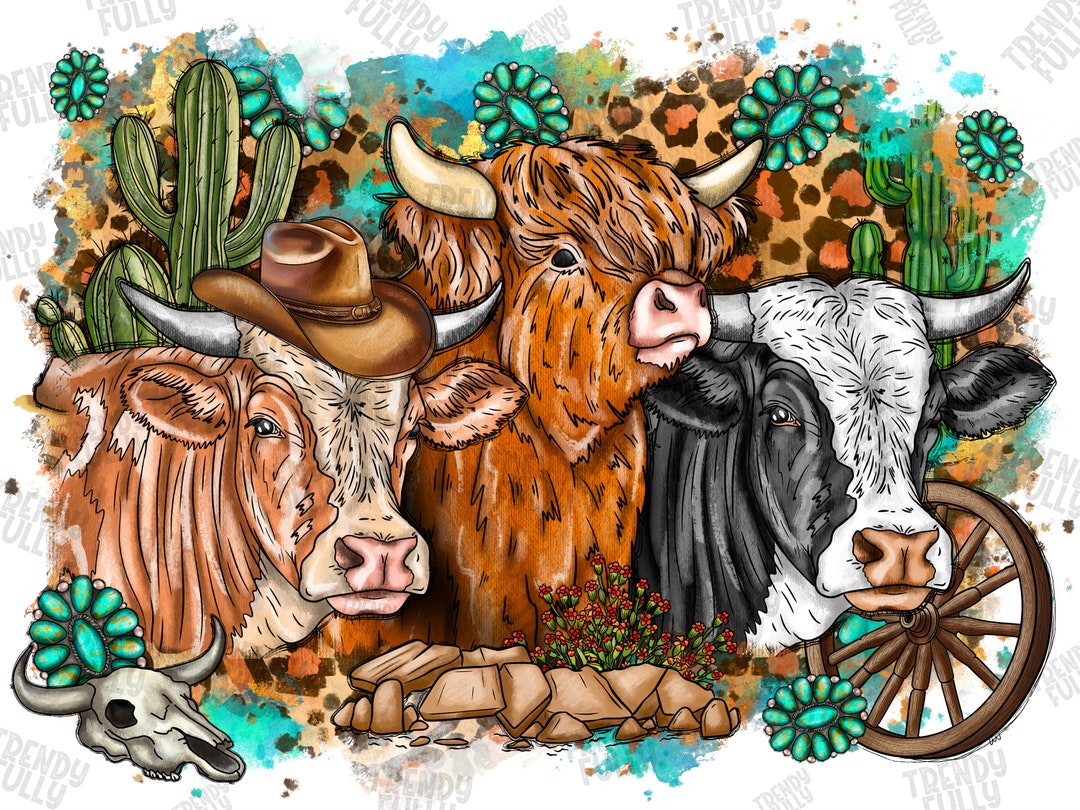 Western Cows Png Sublimation Design Download, Western Cow Png, Long ...