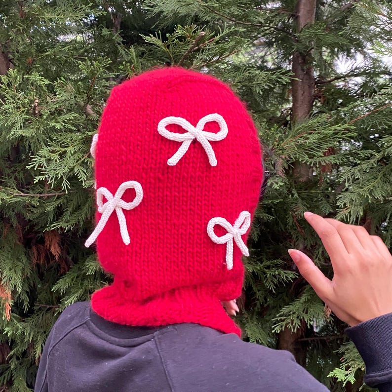 Cute Cozy Knitted Balaclava With 3D Bows – Soft Pink & White Winter Hat ...