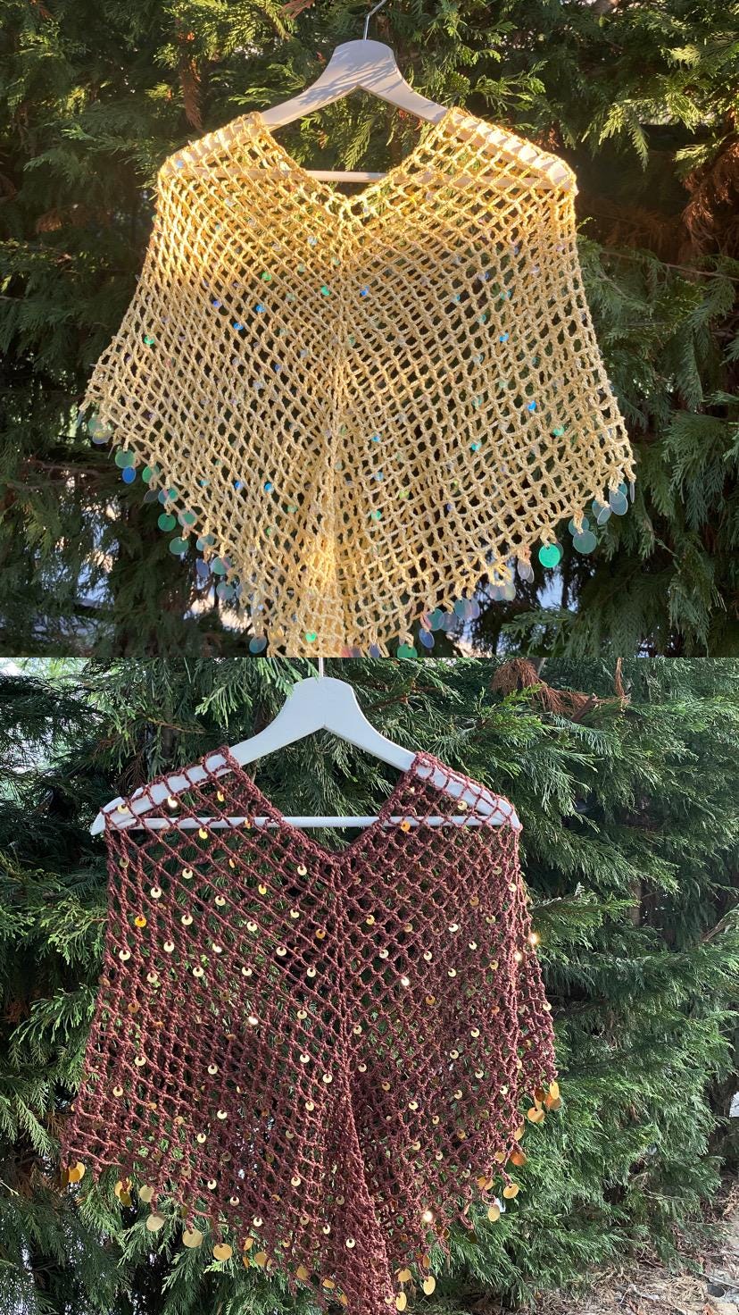 Handmade Crochet Mesh Poncho – Black Gold Sequin Triangle Wrap ...