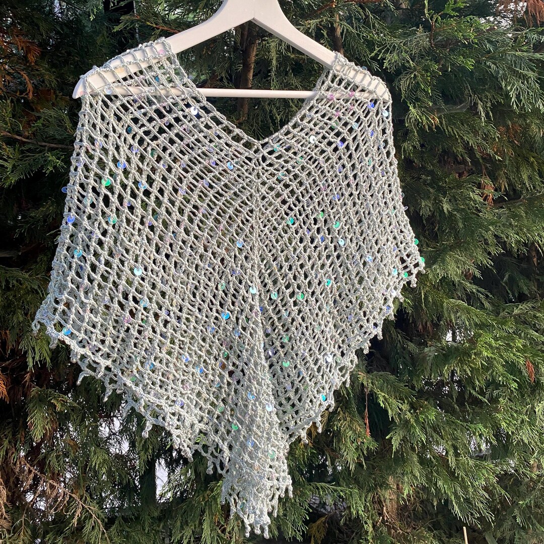 Handmade Crochet Mesh Poncho – Mint With Grey Sequins and Beaded Trim ...