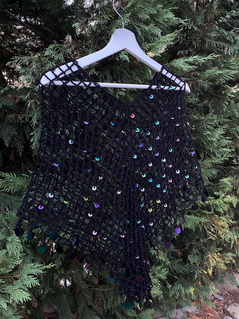 Handmade Crochet Mesh Poncho – Black Gold Sequin Triangle Wrap ...