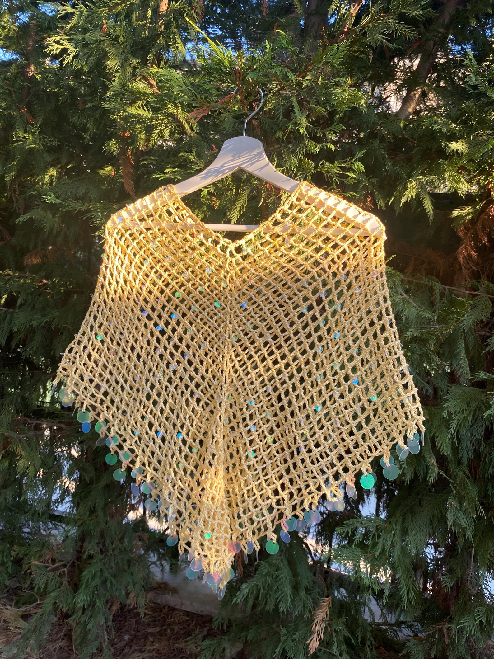 Handmade Mesh Crochet Poncho – Pink Iridescent Sequin Triangle Wrap ...
