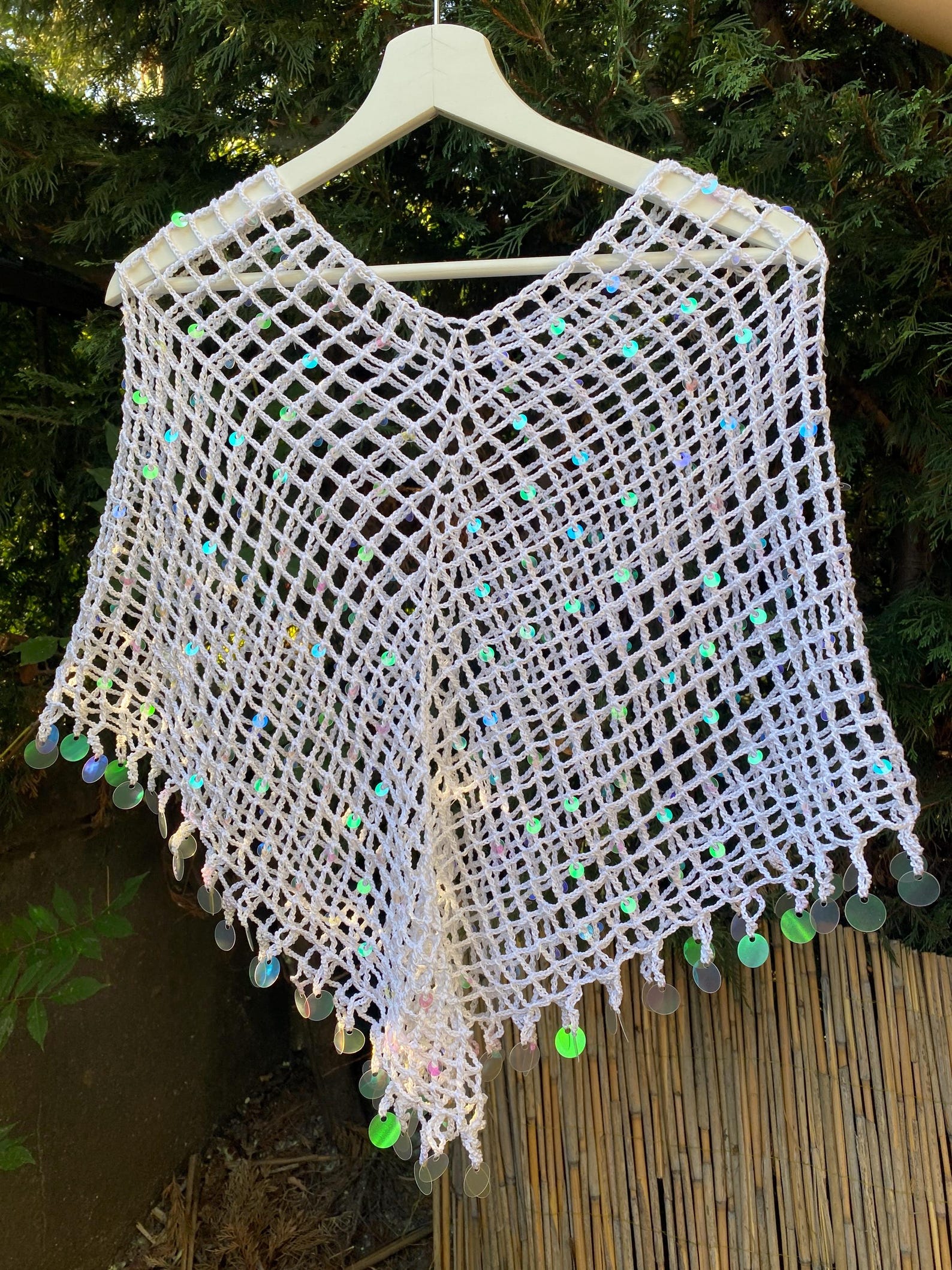 Handmade Crochet Mesh Poncho – Black Gold Sequin Triangle Wrap ...