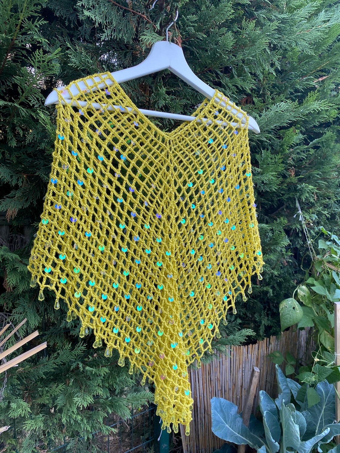 Handmade Crochet Mesh Poncho – Mint Grey With Iridescent Sequin and ...