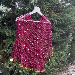 Handmade Mesh Crochet Poncho – Brown Gold Sequin Triangle Wrap – Boho ...