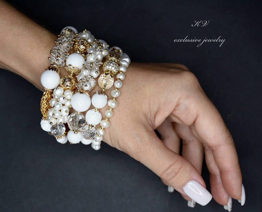 Bracelet White Tridacna Stones and White Pearls in Gold, Wide Handmade ...