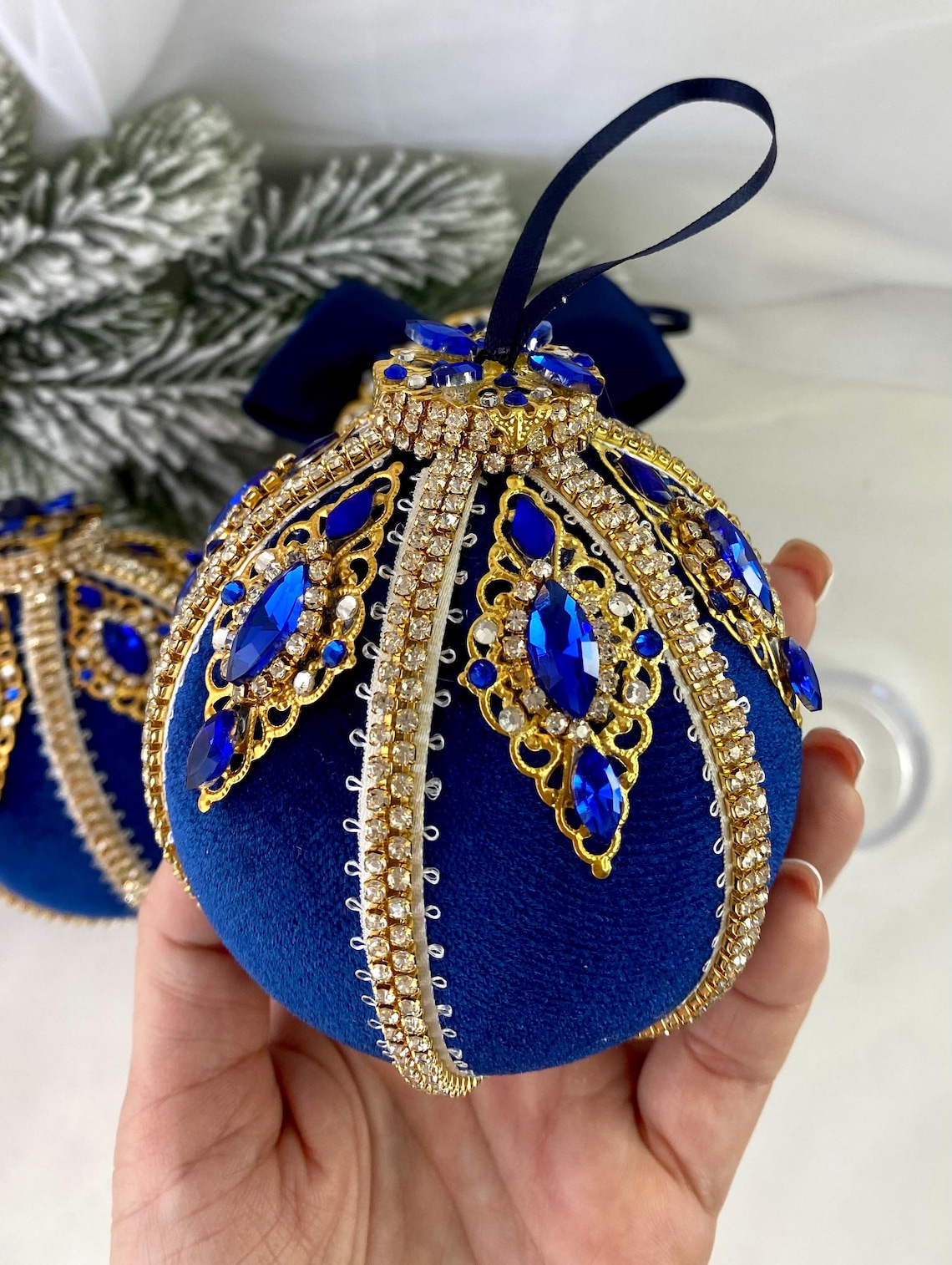 Set of Christmas Blue Balls With Gold Decoration, Balls With ...