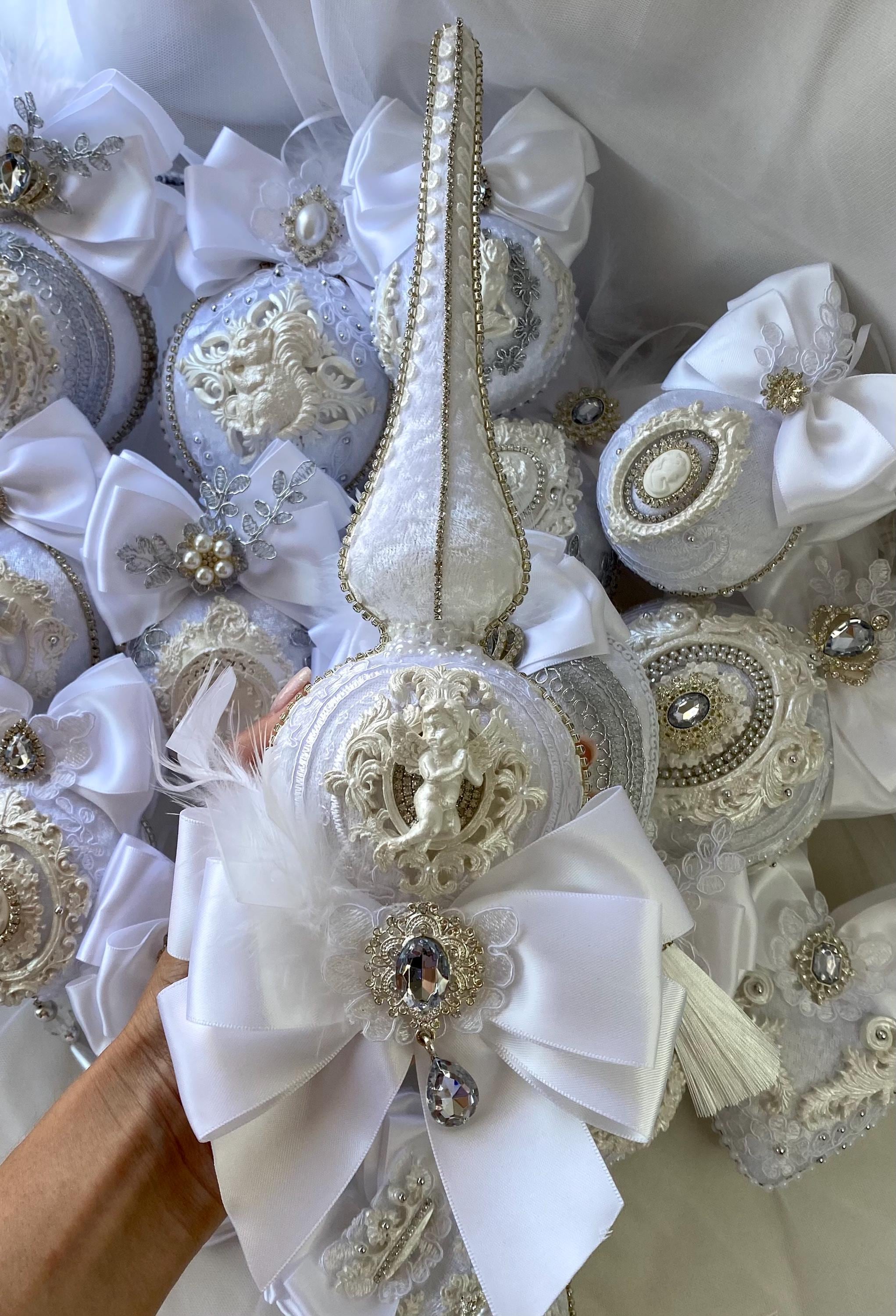 Set of Christmas Balls in White With Silver Decoration, Velvet ...