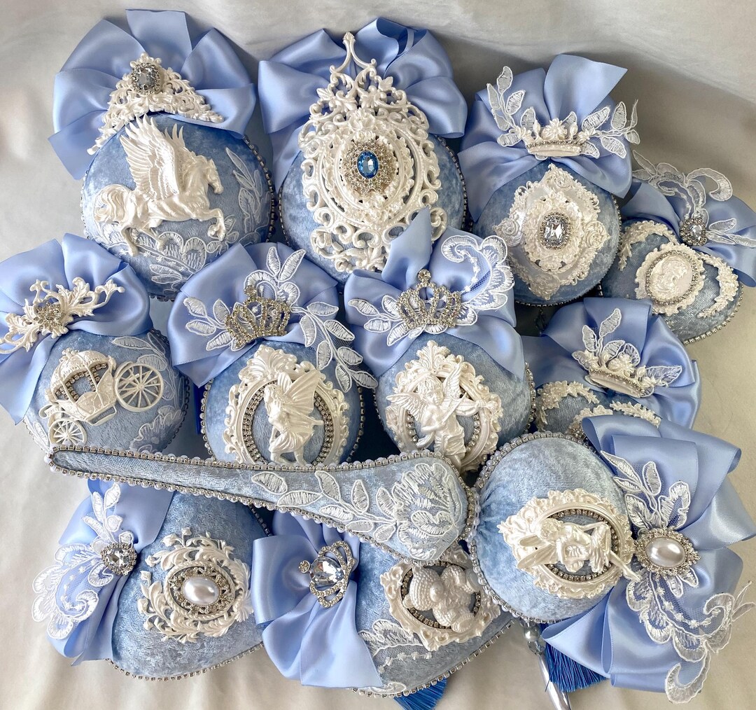 Set of Christmas Balls in Blue Color With Silver Decoration, Velvet ...