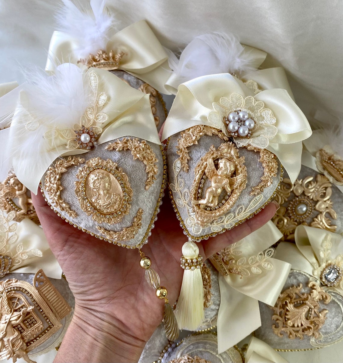Set of Christmas Balls in Beige Color With Gold Decoration, Velvet ...