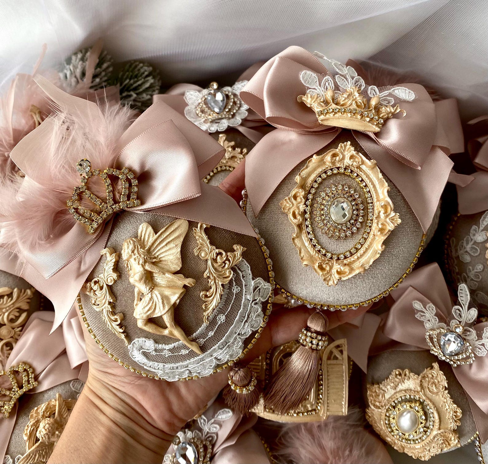 Set of Christmas Balls in Beige Color With Gold Decoration, Velvet ...