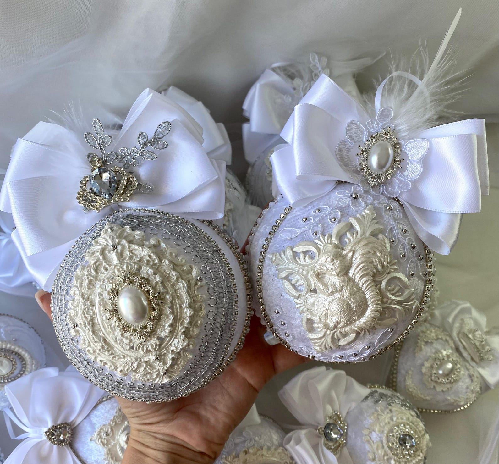 Set of Christmas Balls in White With Silver Decoration, Velvet ...