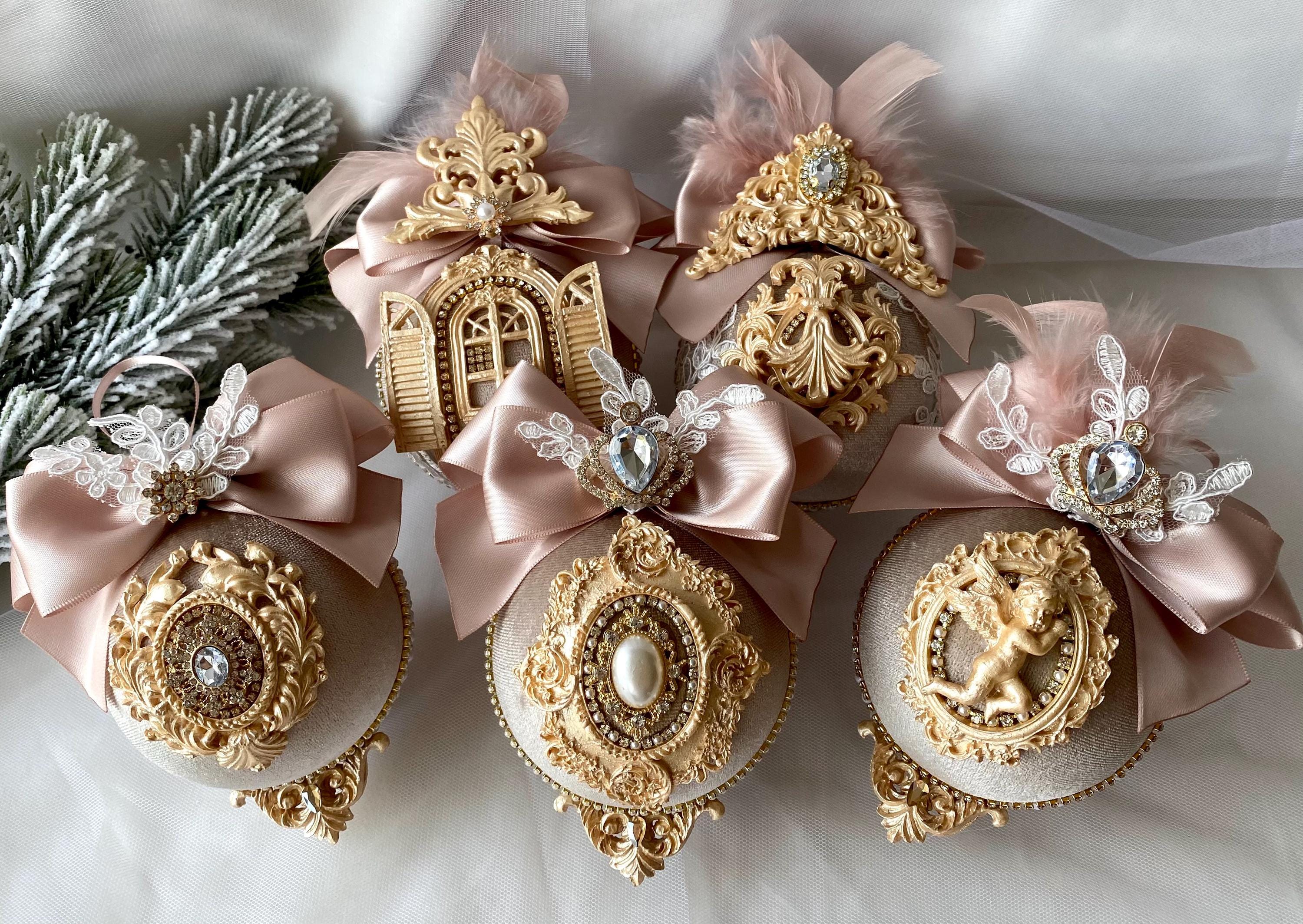 Set of Christmas Balls in Beige Color With Gold Decoration, Velvet ...