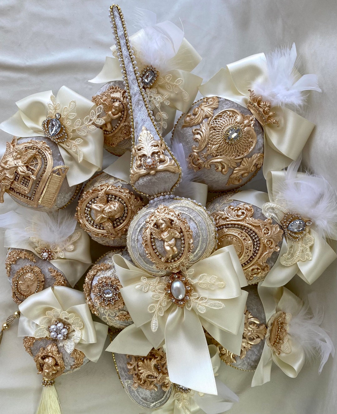 Set of Christmas Balls in Beige Color With Gold Decoration, Velvet ...