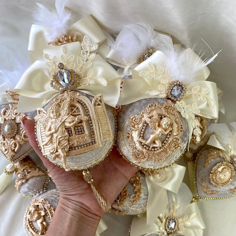 Set of Christmas Balls in Beige Color With Gold Decoration, Velvet ...