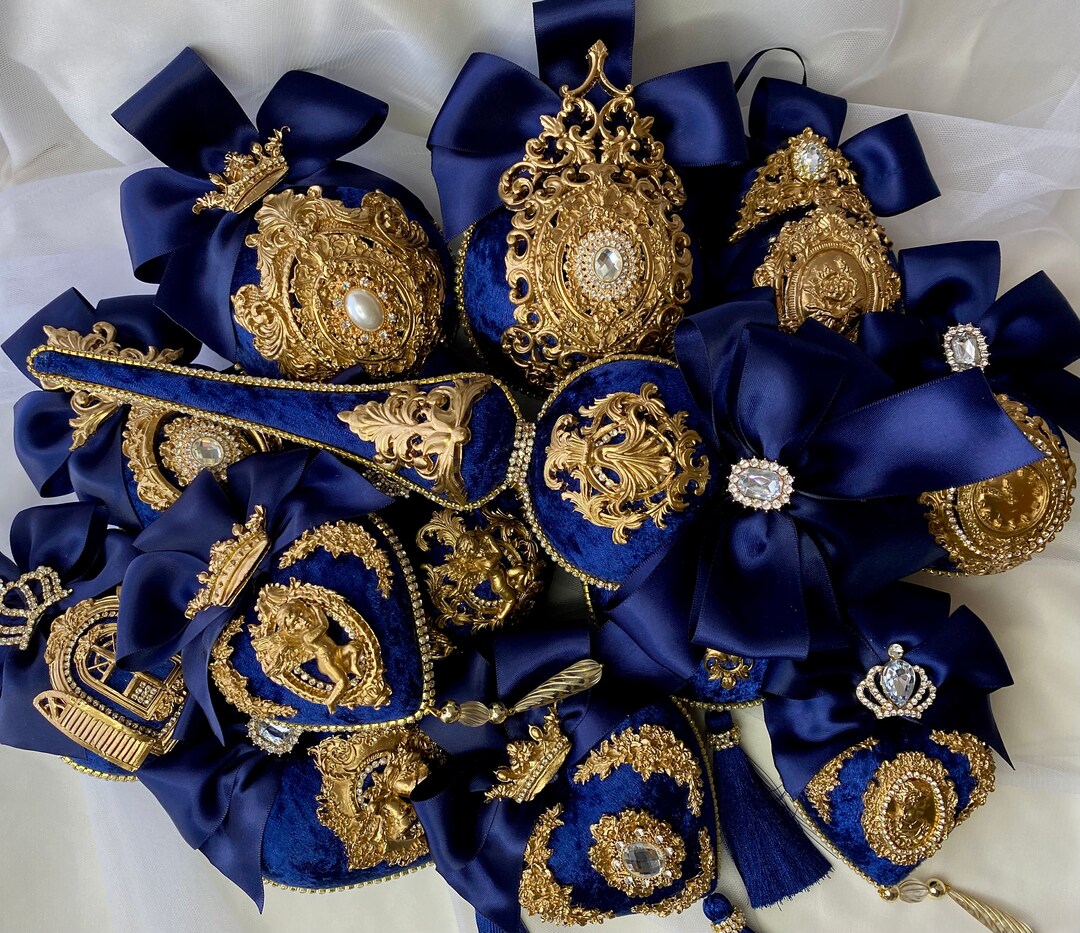 Set of Christmas Balls in Blue Color With Gold Decoration, Velvet ...