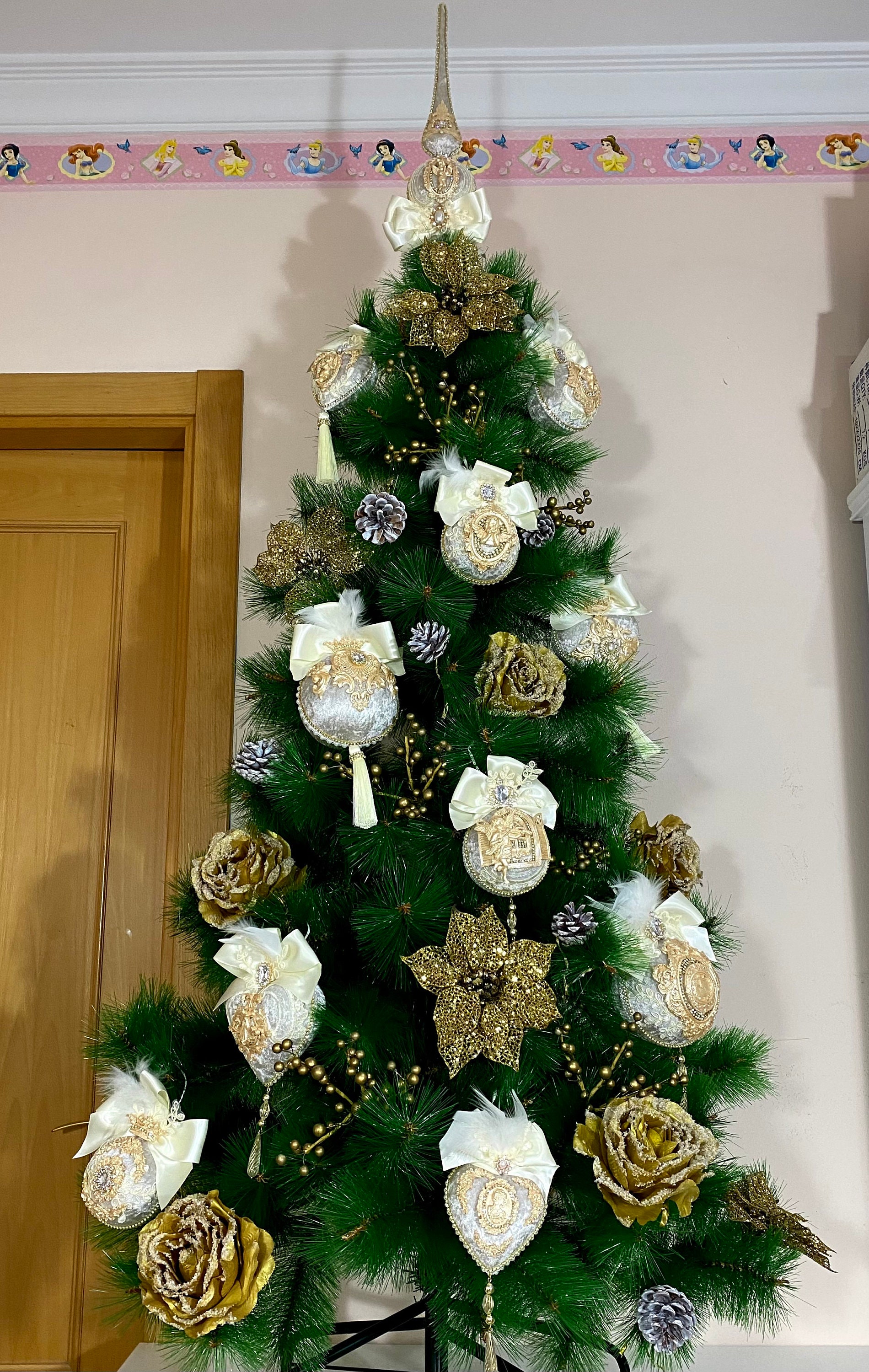 Set of Christmas Balls in Beige Color With Gold Decoration, Velvet ...