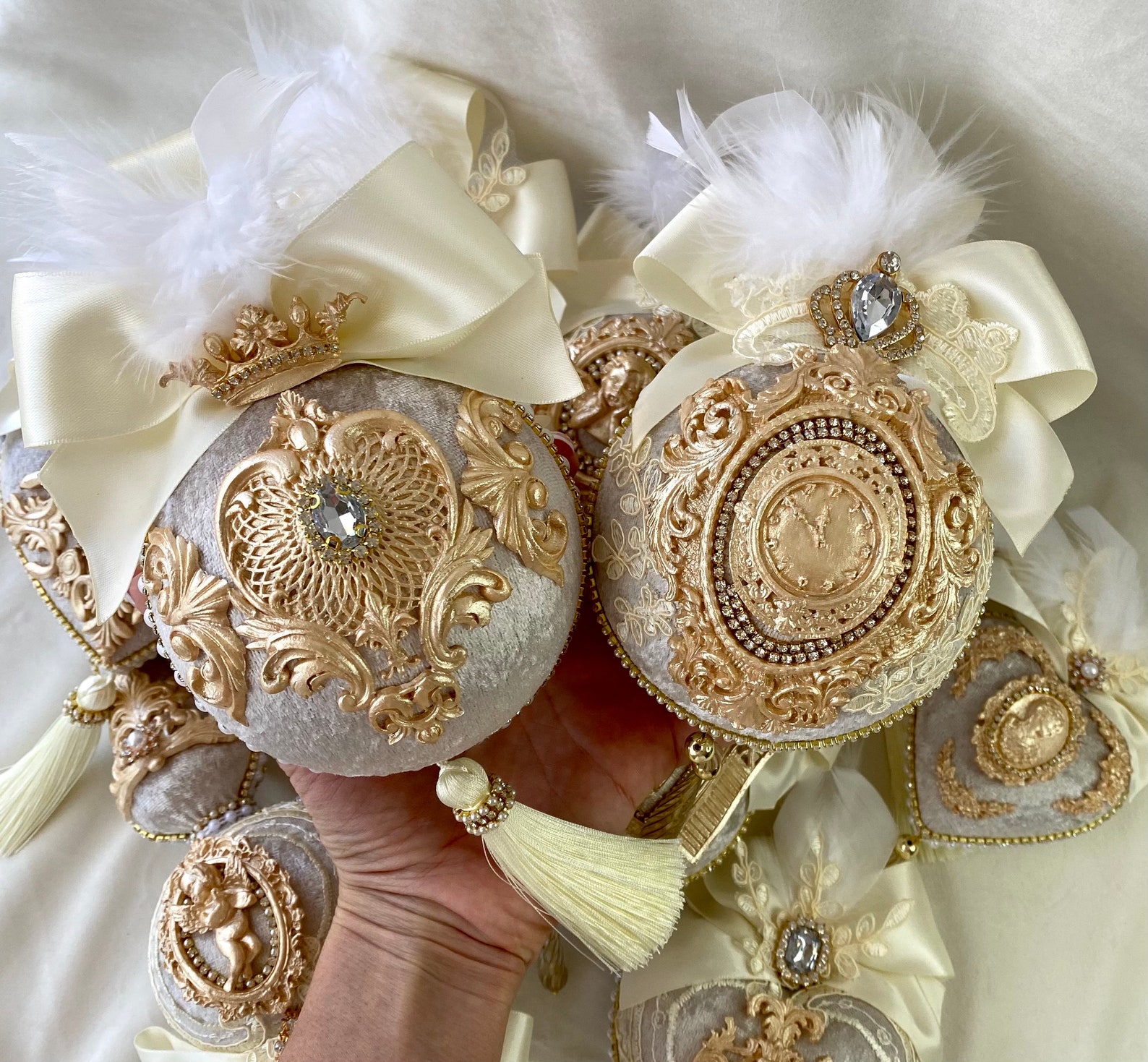 Set of Christmas Balls in Beige Color With Gold Decoration, Velvet ...