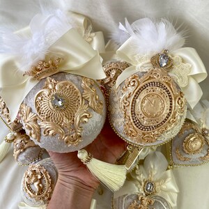 Set of Christmas Balls in Beige Color With Gold Decoration, Velvet ...