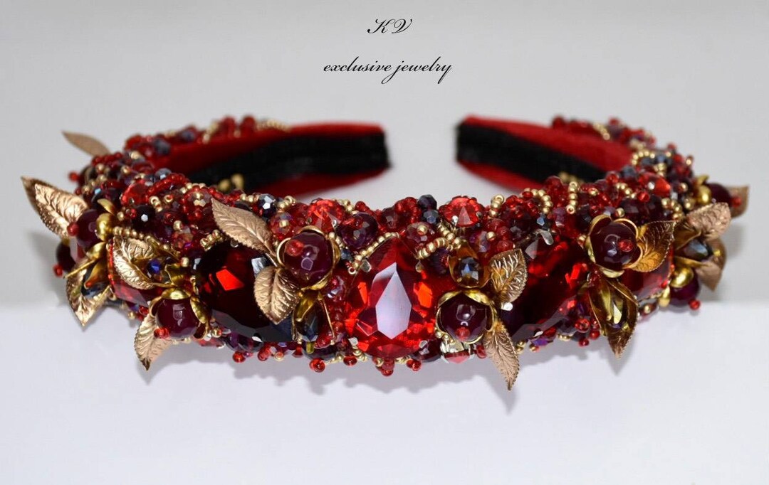 Diadem of Red and Purple Crystals in Gold. Gold Couture Crystal Crown ...