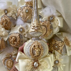 Set of Christmas Balls in Beige Color With Gold Decoration, Velvet ...