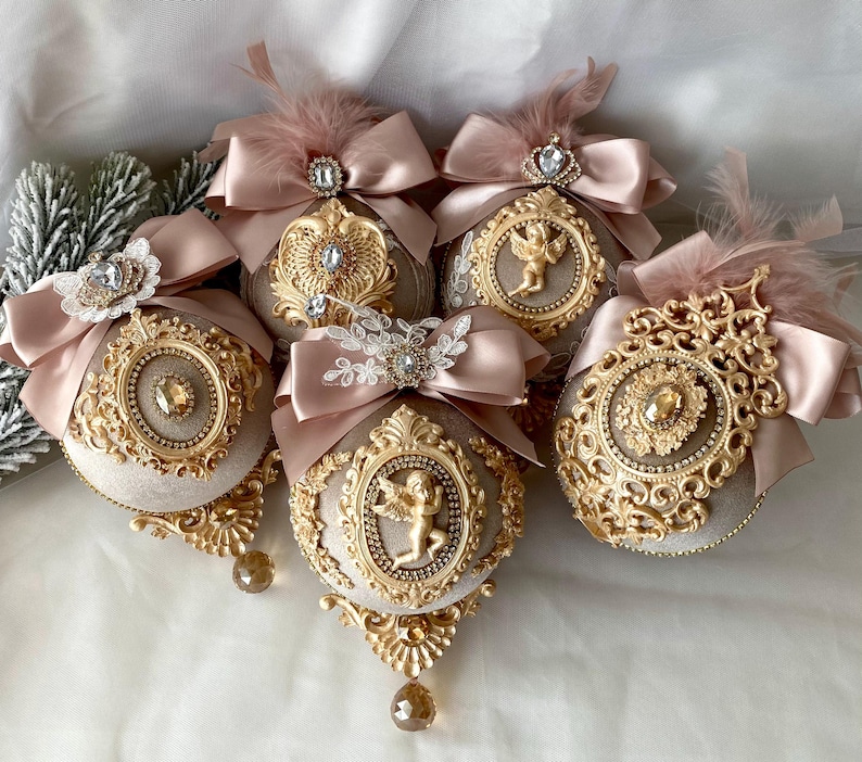 Set of Christmas Balls in Beige Color With Gold Decoration, Velvet ...