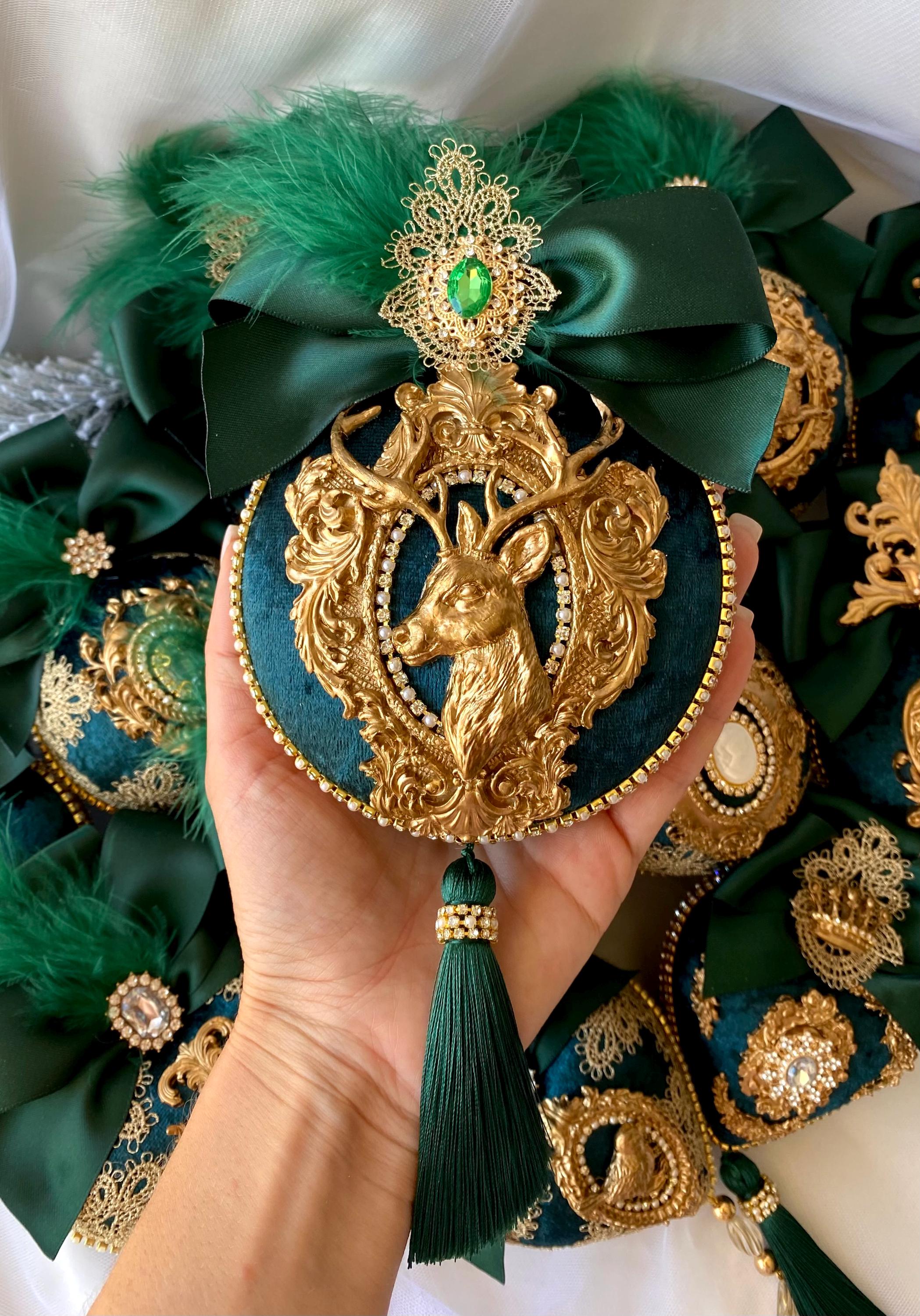 Set of Christmas Balls in Green With Gold Decoration, Velvet Christmas ...