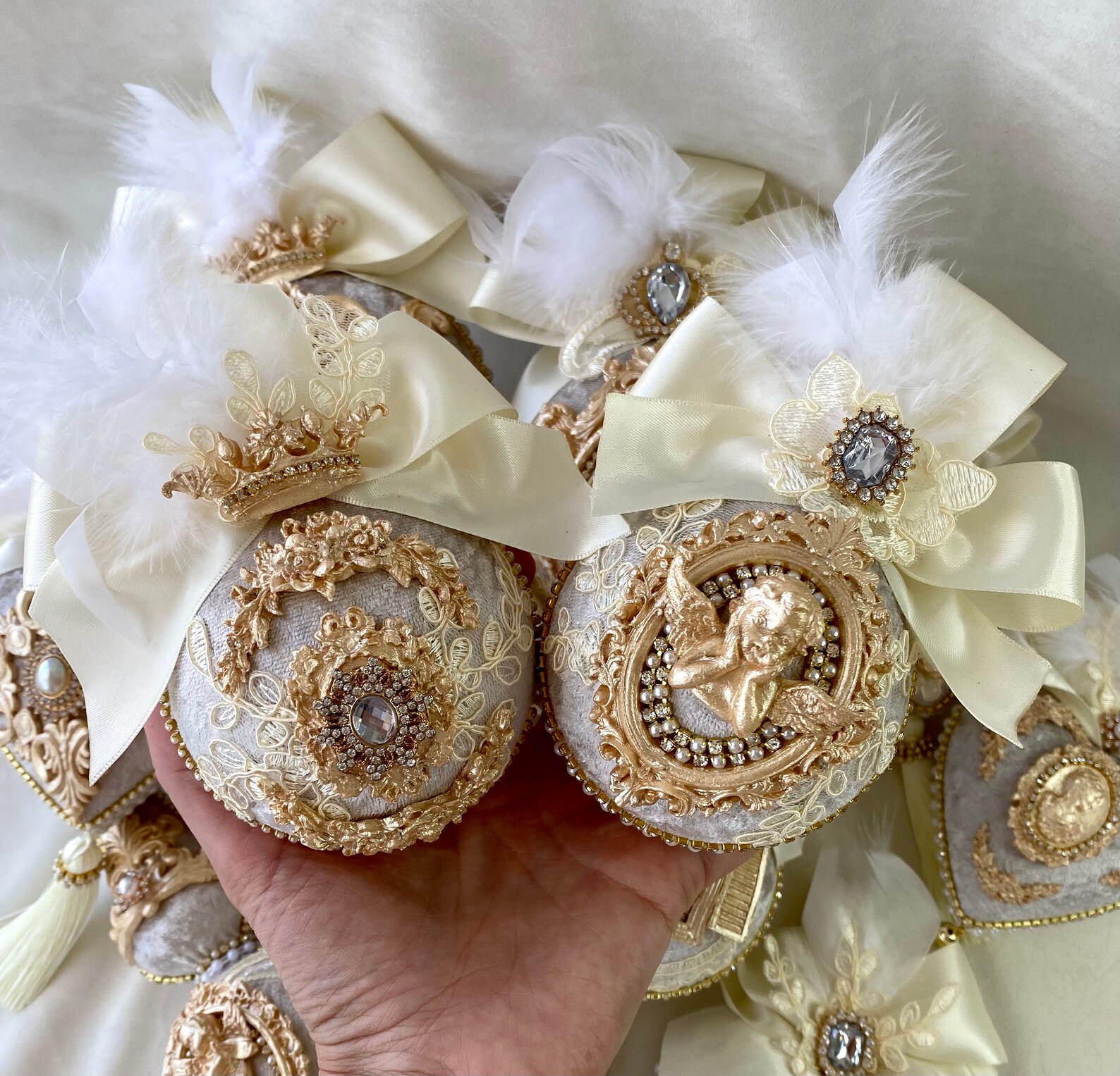 Set of Christmas Balls in Beige Color With Gold Decoration, Velvet ...
