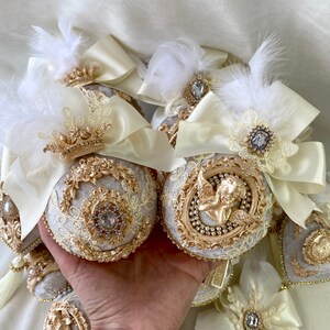 Set of Christmas Balls in Beige Color With Gold Decoration, Velvet ...