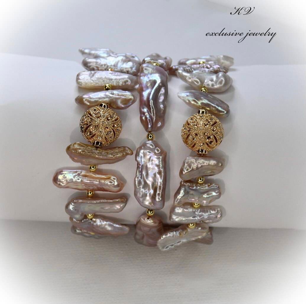 Bracelet Wide Handmade With Pearls in Gold for Woman - Etsy