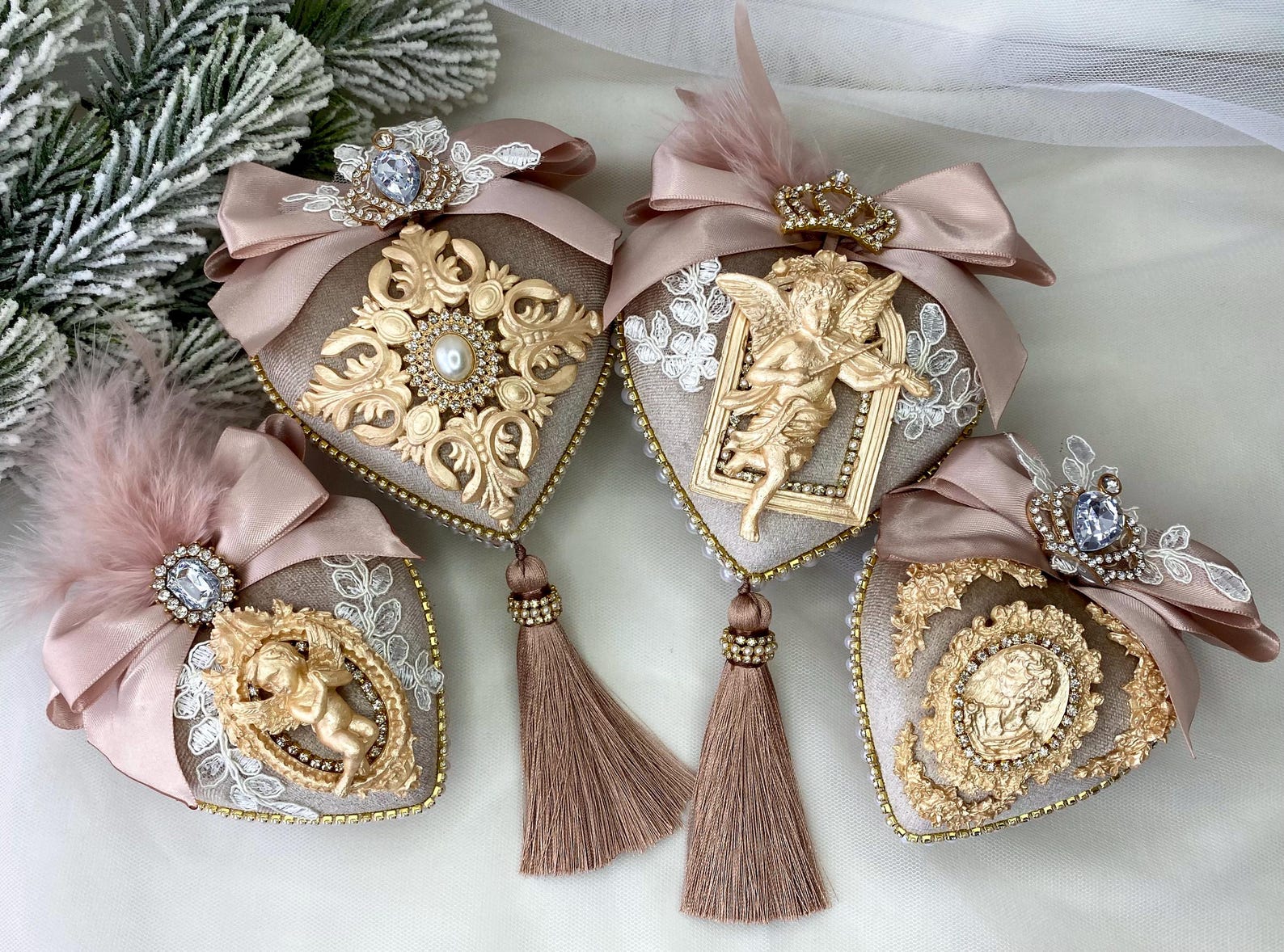 Set of Christmas Balls in Beige Color With Gold Decoration, Velvet ...