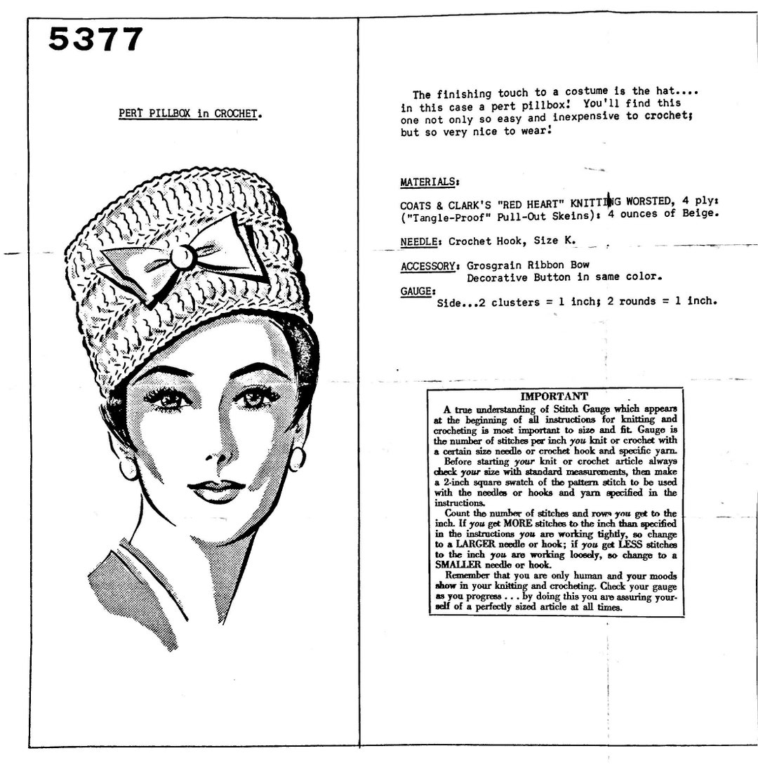 Vintage Crocheted Pillbox Hat Pattern – 1960s Coats & Clark Leaflet ...