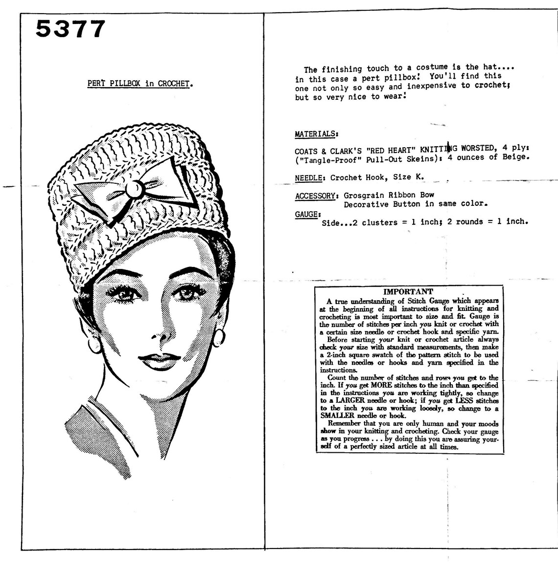 Vintage Crocheted Pillbox Hat Pattern – 1960s Coats & Clark Leaflet ...