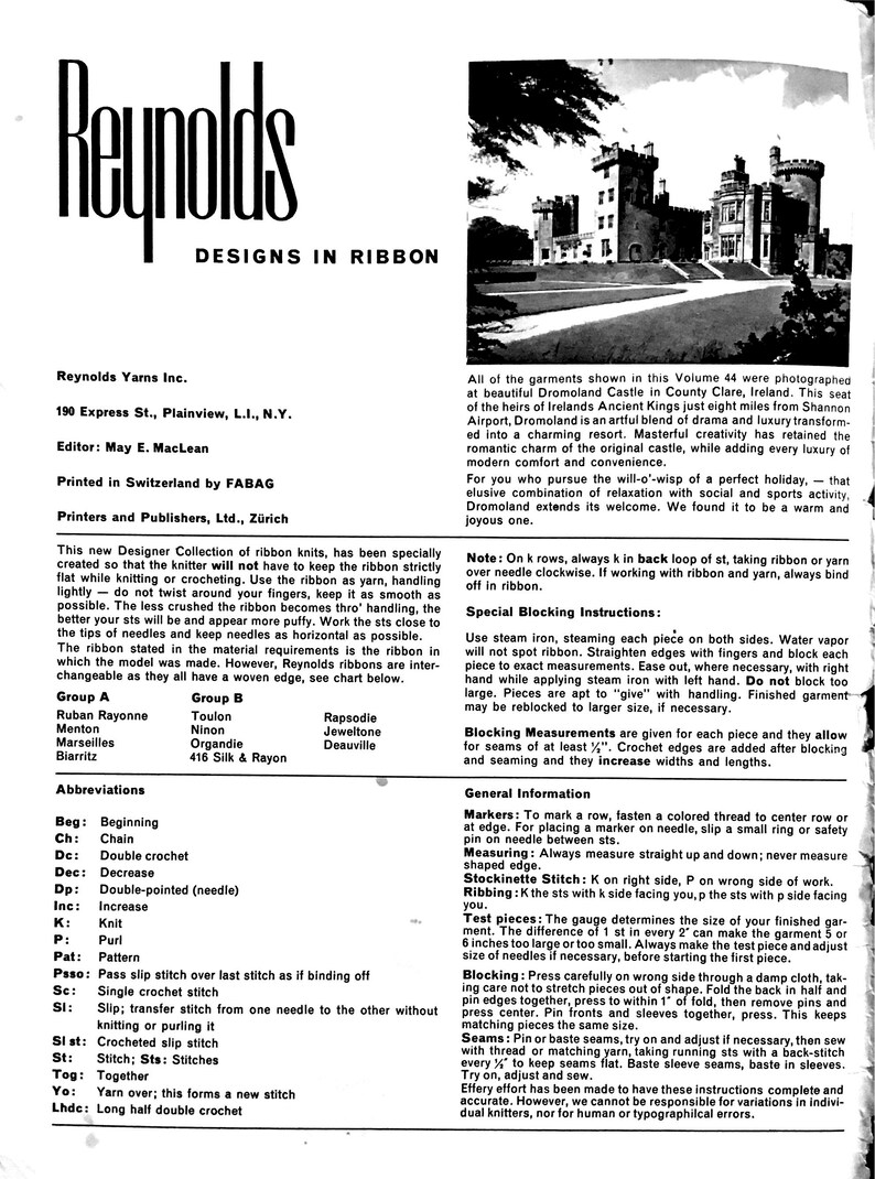 MARIA Reynolds Design in Ribbon vintage Knitting Pattern 1950s Couture ...