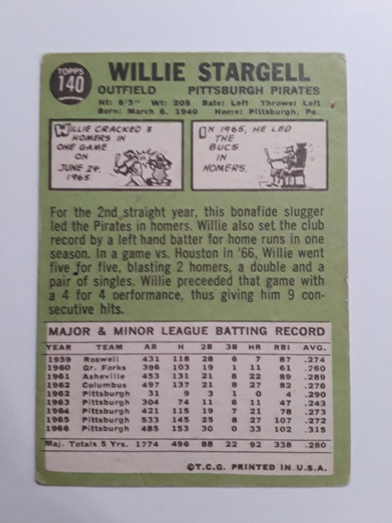 1967 Topps Willie Stargell 140 Baseball Card Pittsburgh Pirates - Etsy