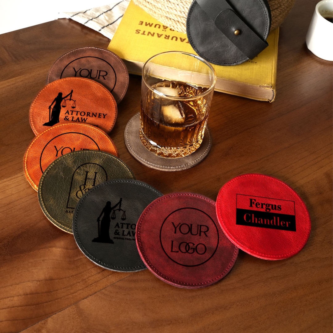 Custom Logo Leather Coasters Set, Personalized Business Logo, Monogram ...