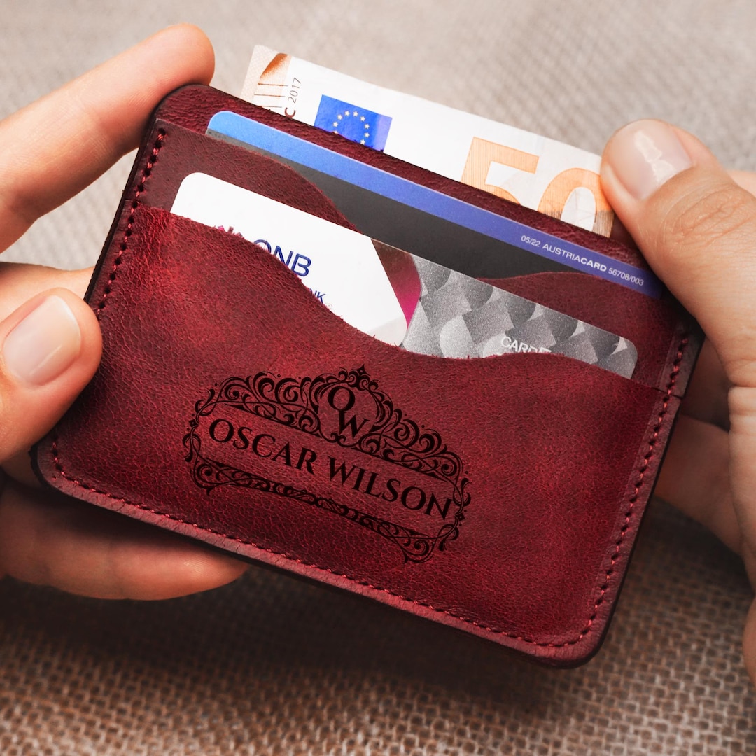 Personalized Slim Leather Card Wallet, Handmade Minimalist Credit Card ...