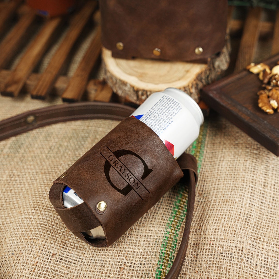 Personalized Leather Beer Can Holster With Belt, Laser Engraved ...