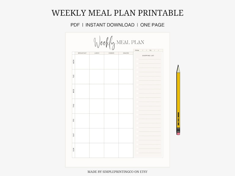 Weekly Meal Plan, Printable, Grocery List, 7 Day Menu, Instant Download ...