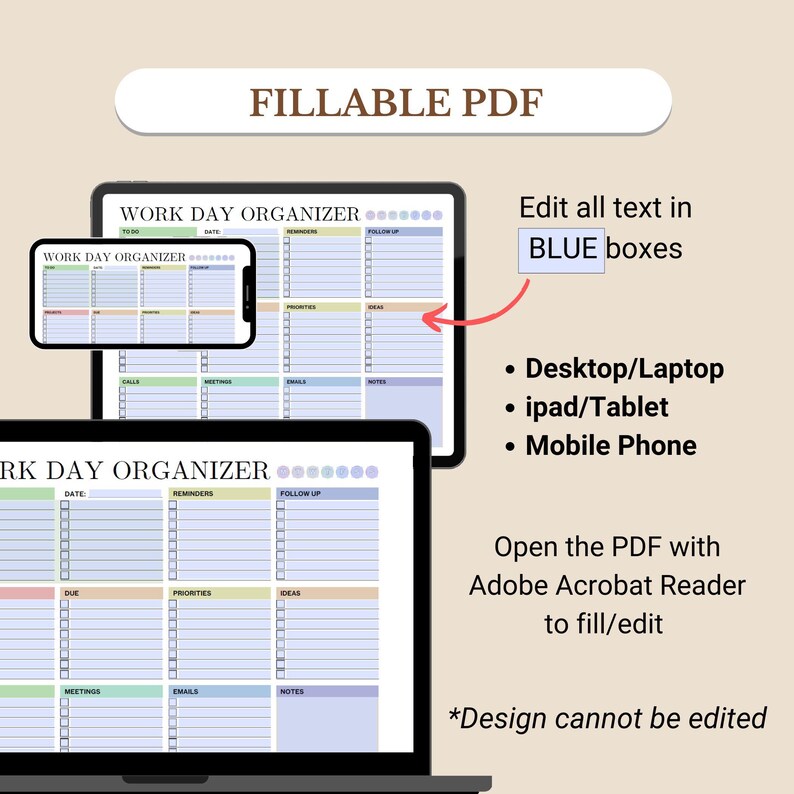 Work Day Organizer, Daily Planner, to Do Checklist, Printable Fillable ...