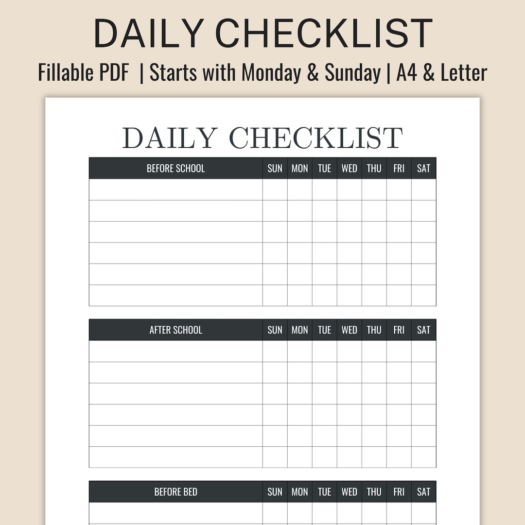 Editable Daily Checklist for Kids, Printable Daily Checklist ...