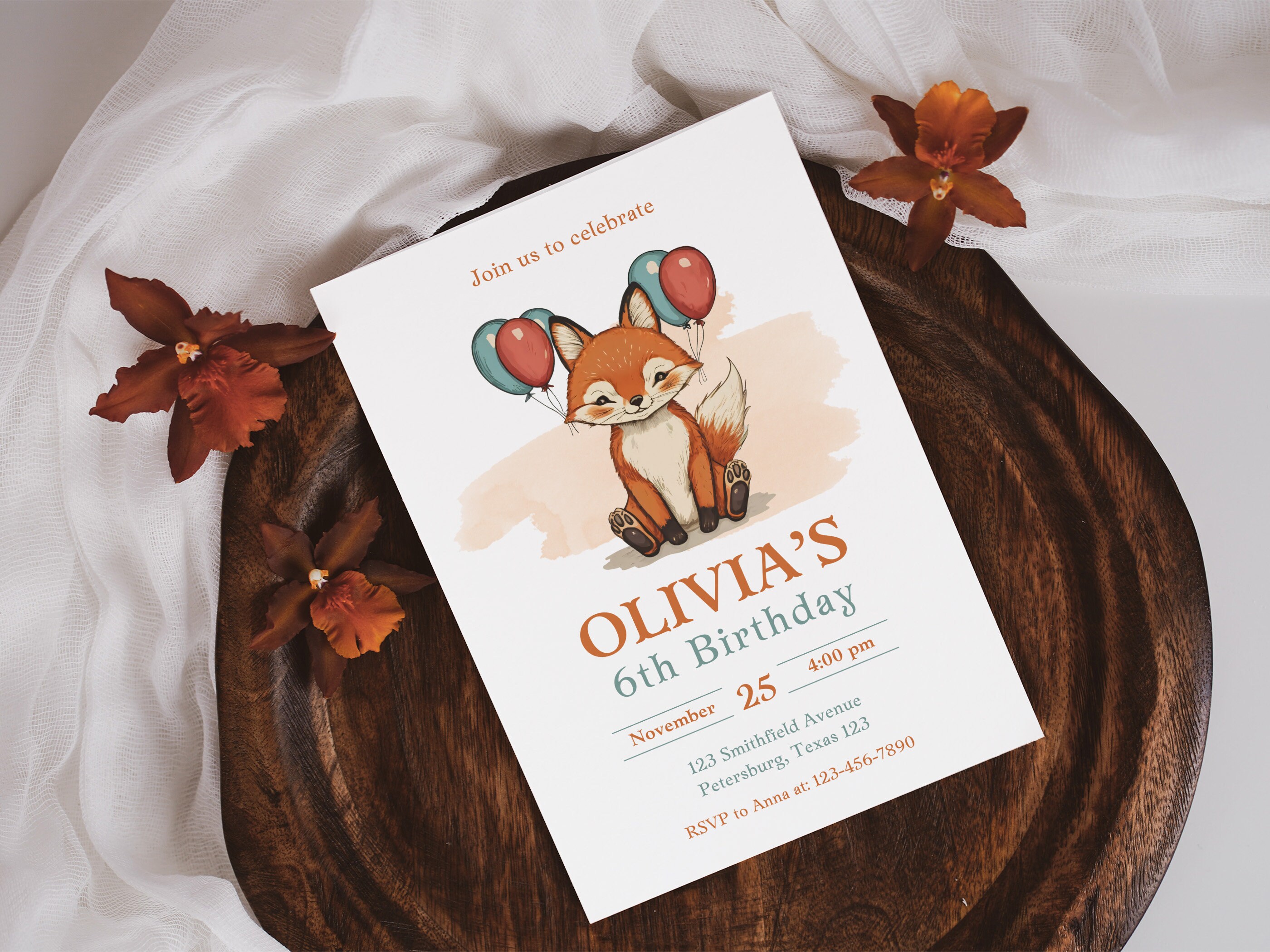 Fox Birthday Invitation Template, Editable Fox Invitation, Birthday ...