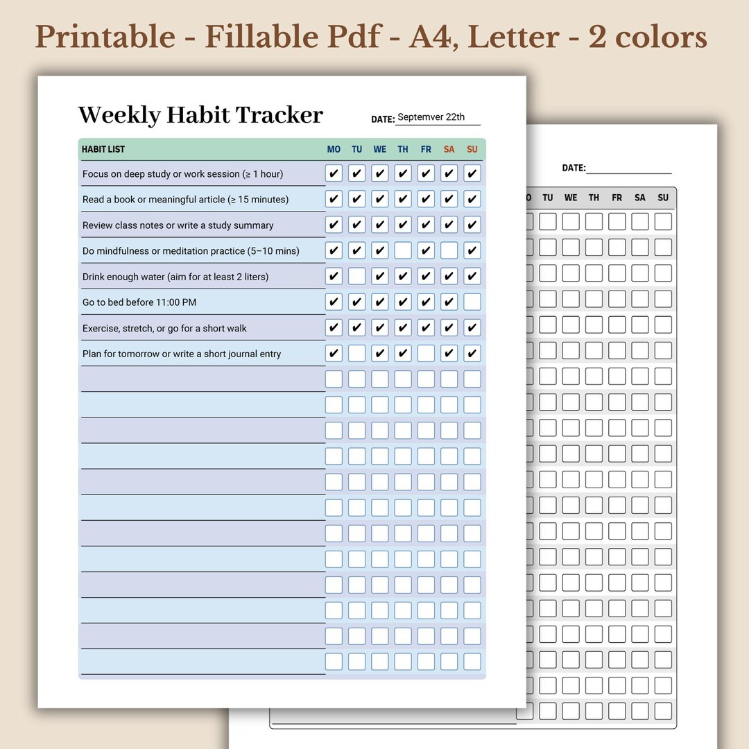 Weekly Habit Tracker Printable: Fillable PDF, A4, Letter (instant ...