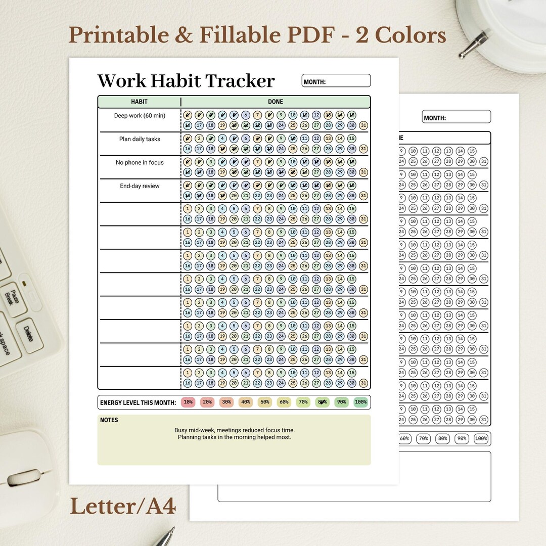 Work Habit Tracker, Printable Daily Checklist, Fillable PDF, Letter, A4 ...