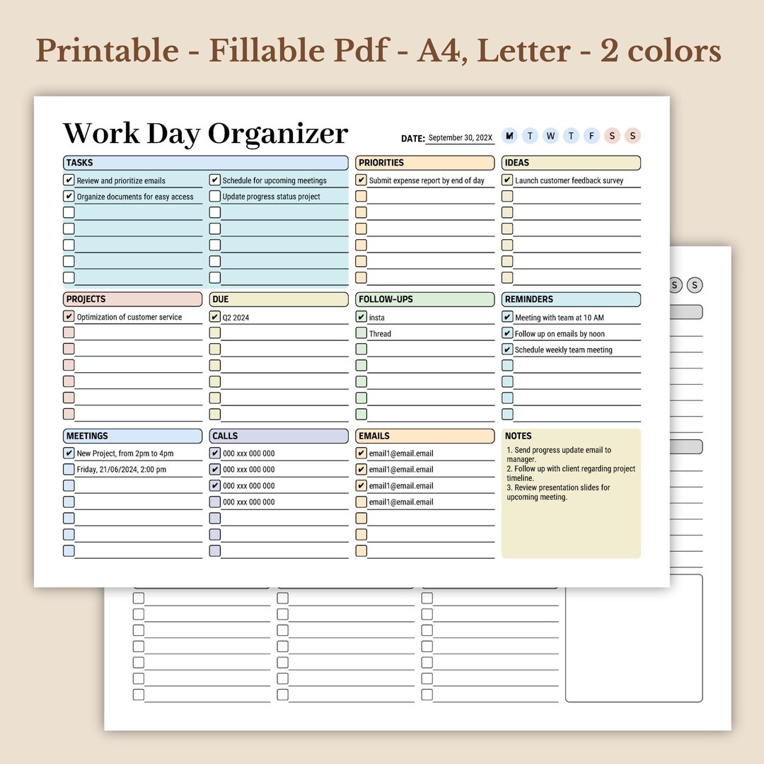 Work Day Organizer, Printable Daily Planner, Fillable PDF, Letter, A4 ...