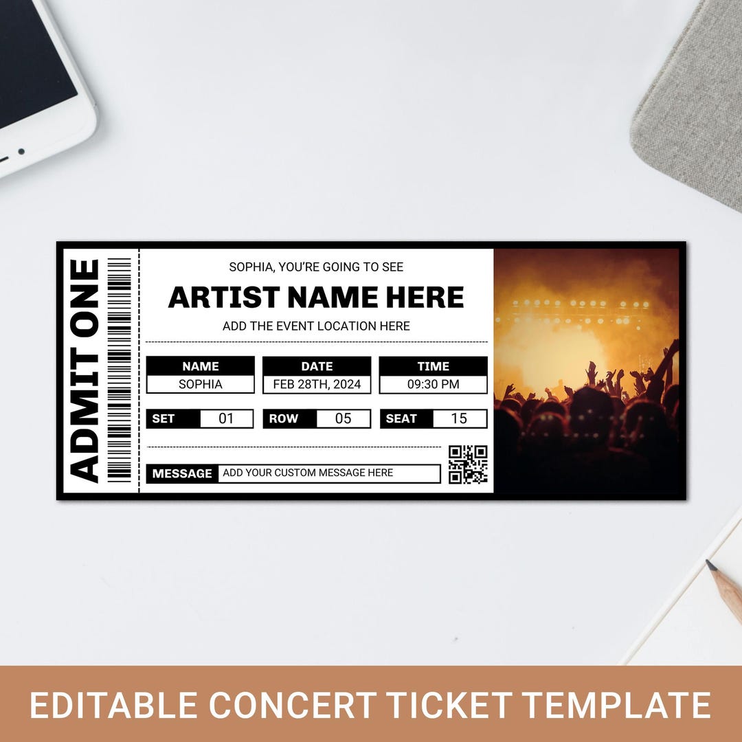Concert Ticket Template, Custom Event Ticket, Gift Idea, Editable ...