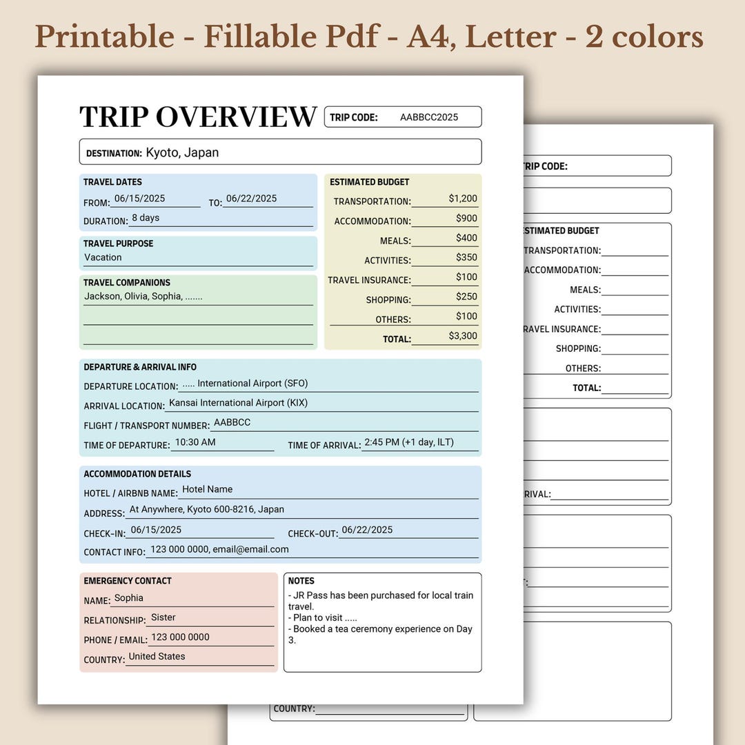 Trip Overview, Printable Travel Planner PDF, Letter, A4 - Etsy