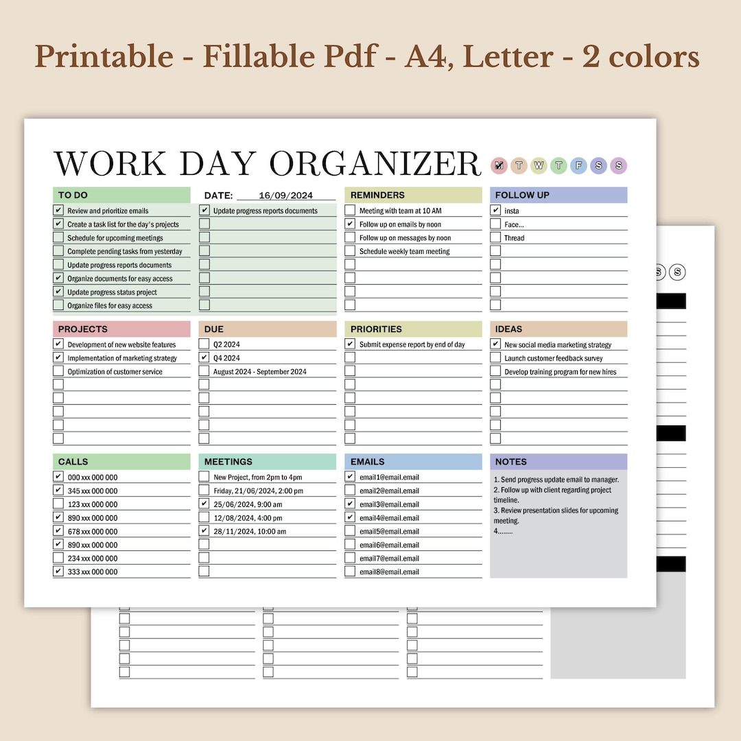 Work Day Organizer, Daily Planner, to Do Checklist, Printable Fillable ...