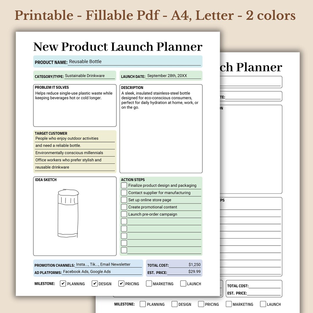 New Product Launch Planner, Business Planner, Fillable Pdf, Letter A4 ...