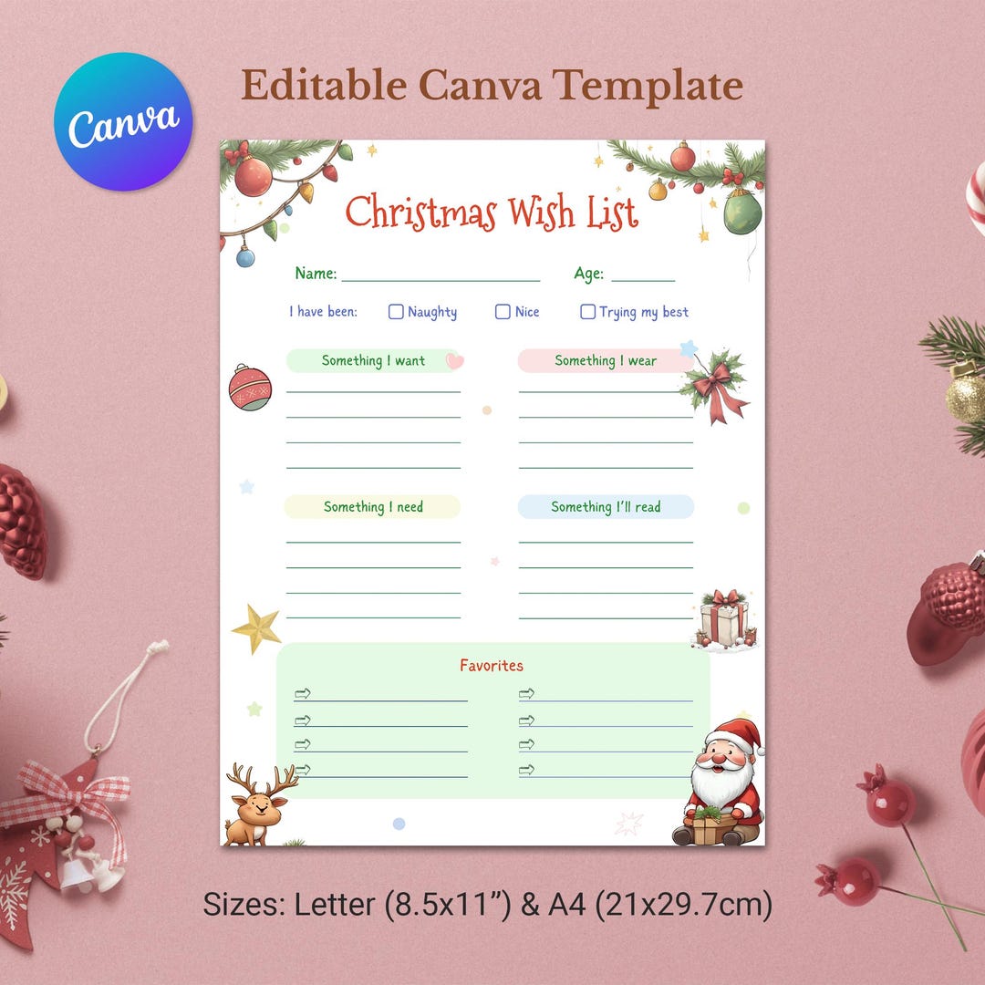 Christmas Wish List, Printable Santa Wish List, Editable Canva Template ...